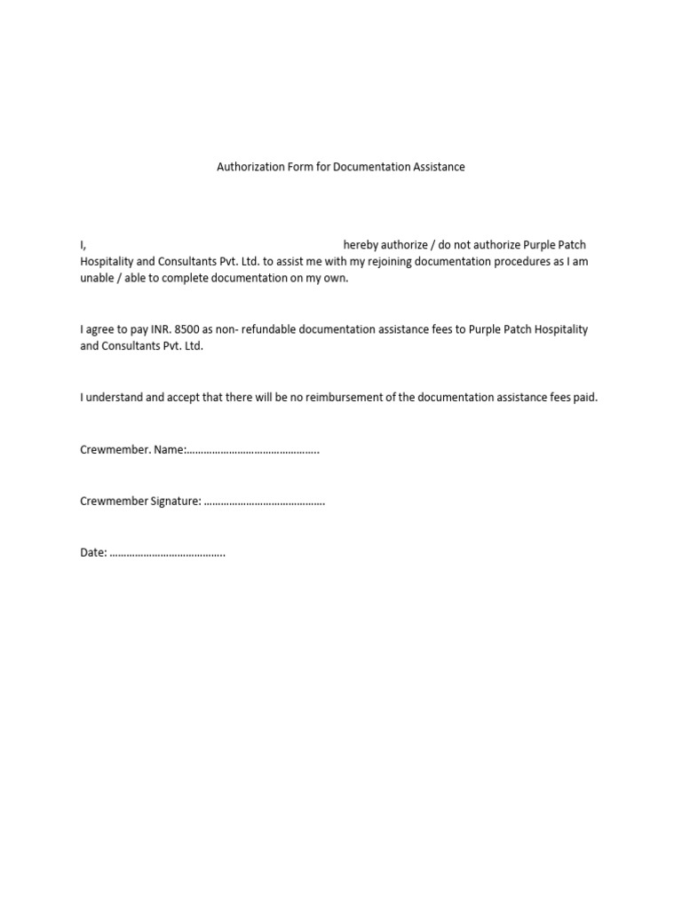 Authorization Form for Documentation Assistance - June 2023 | PDF