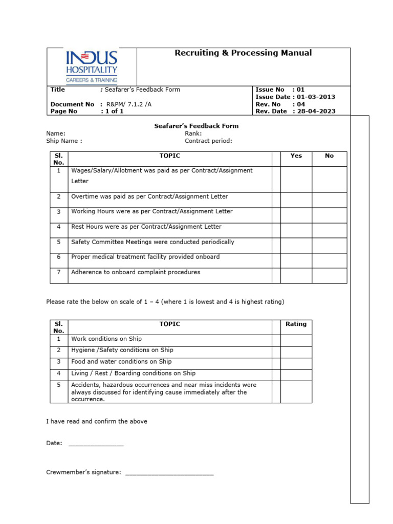 Seafarer Feedback Form - April 2023 | PDF