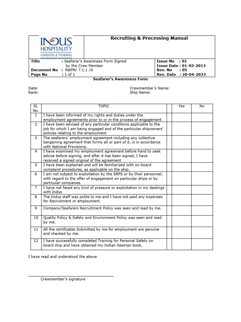 Seafarer Awareness Form - April 2023 | PDF | Sailor | Employment