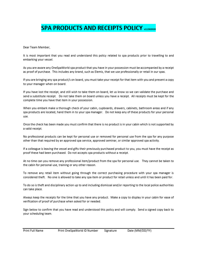 Spa Products Receipt Policy Overview | PDF