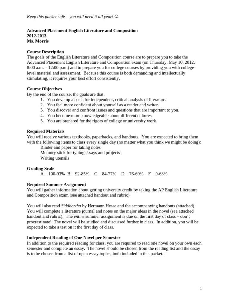 AP English Literature Course Overview | PDF | Advanced Placement | Essays