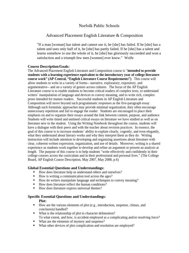 AP English Literature Syllabus | PDF | Poetry | Essays