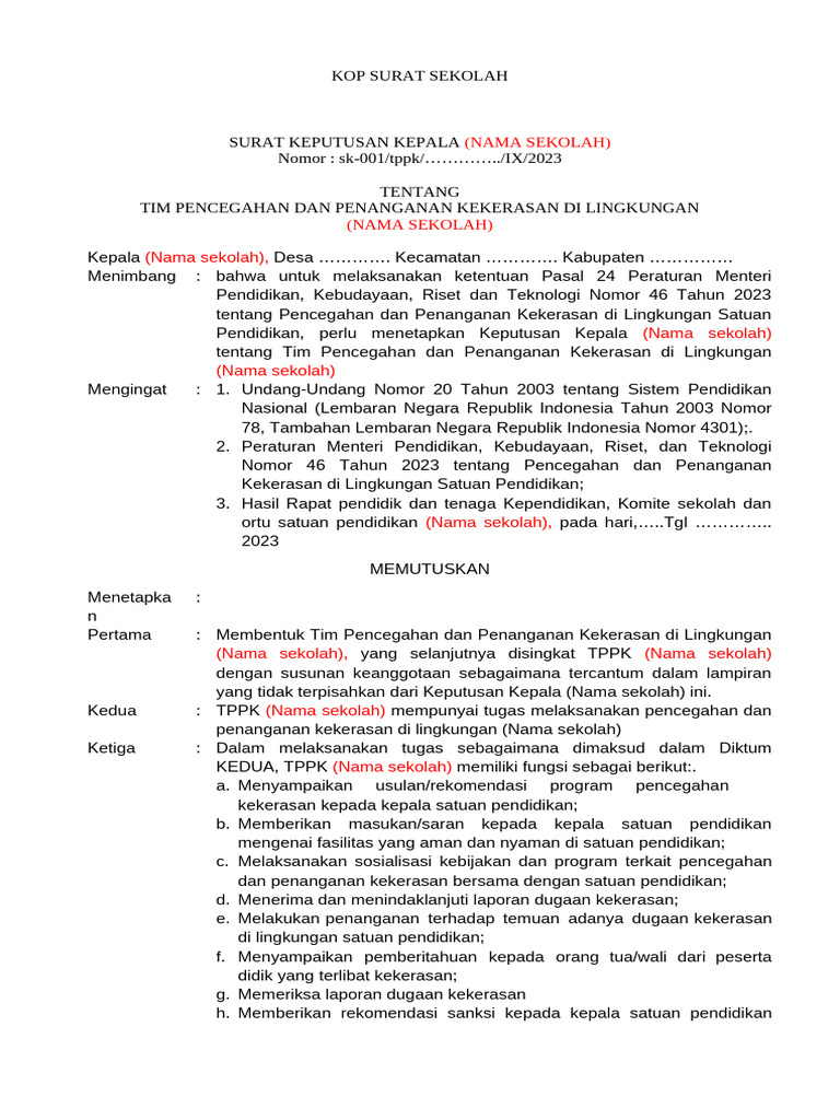 Contoh SK Team TPPK & Pernyataan-1 | PDF