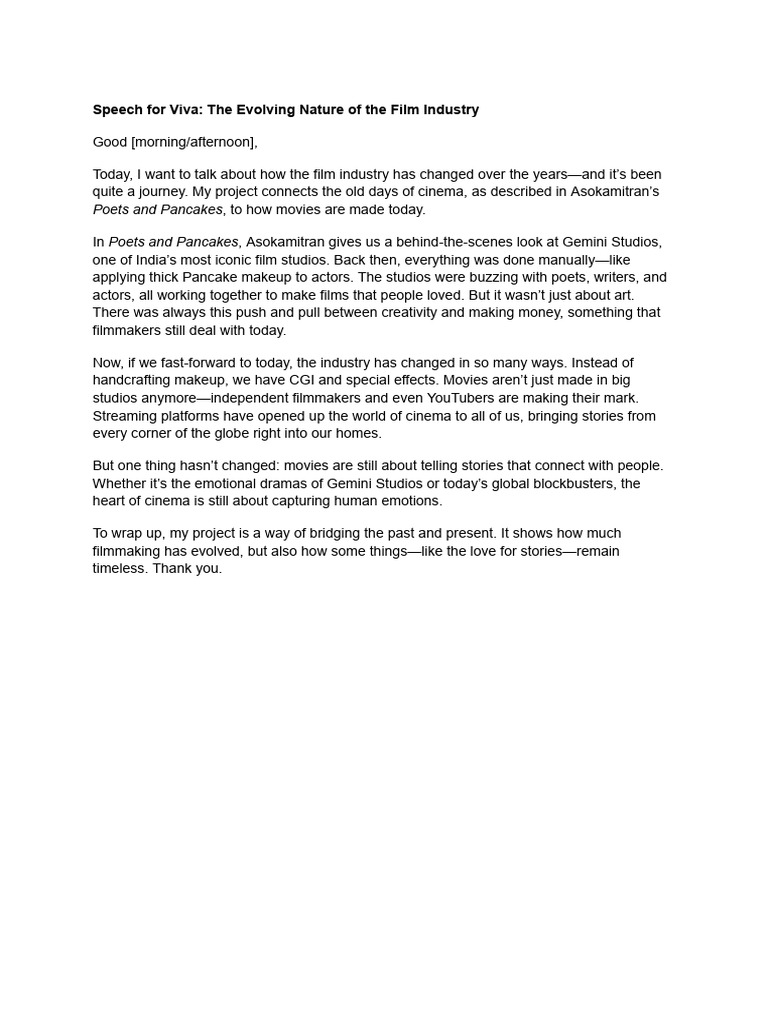 Speech For Viva - The Evolving Nature of The Film Industry | PDF