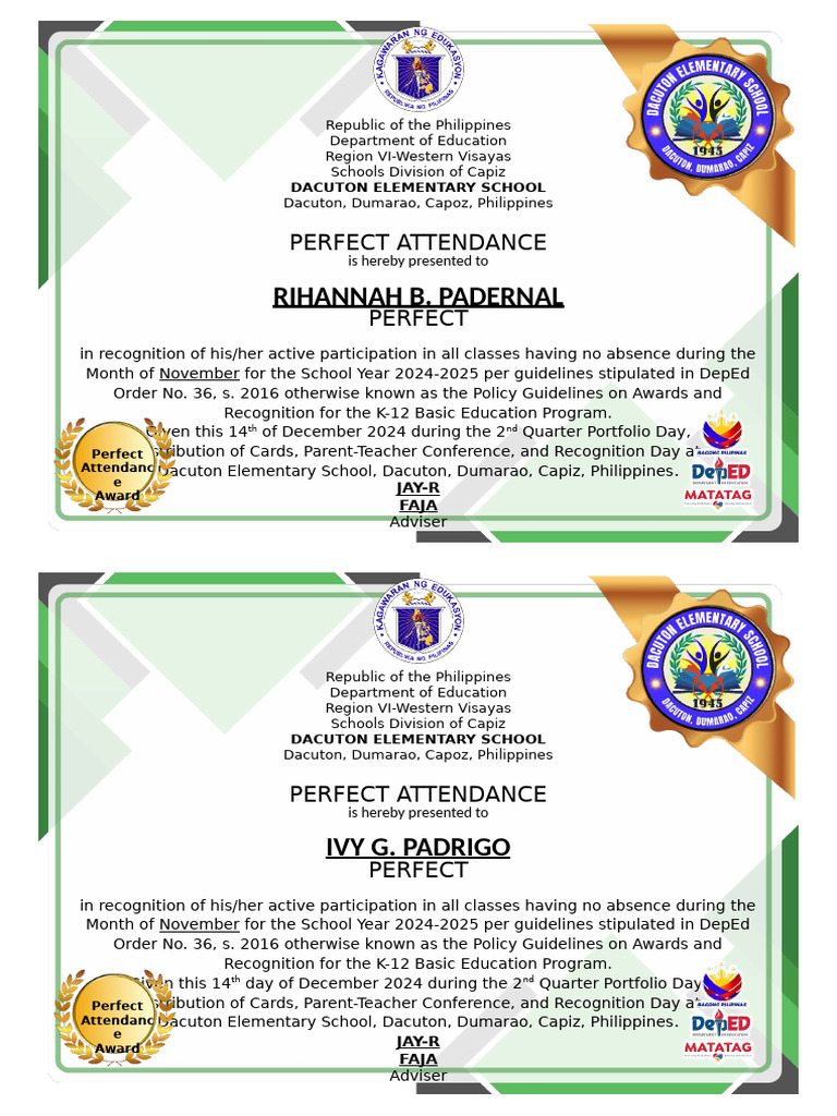 PERFECT ATTENDANCE CERT | PDF | Governance | Government Related Organizations