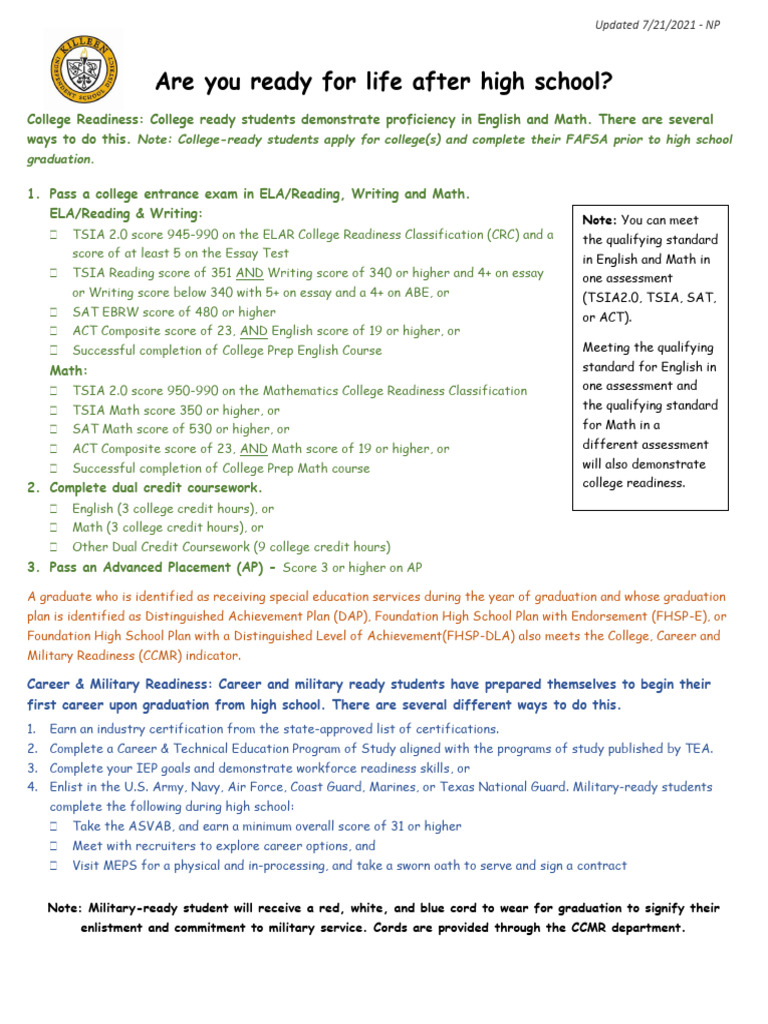 CCMR_Checklist_for_Students | PDF | Advanced Placement | Sat