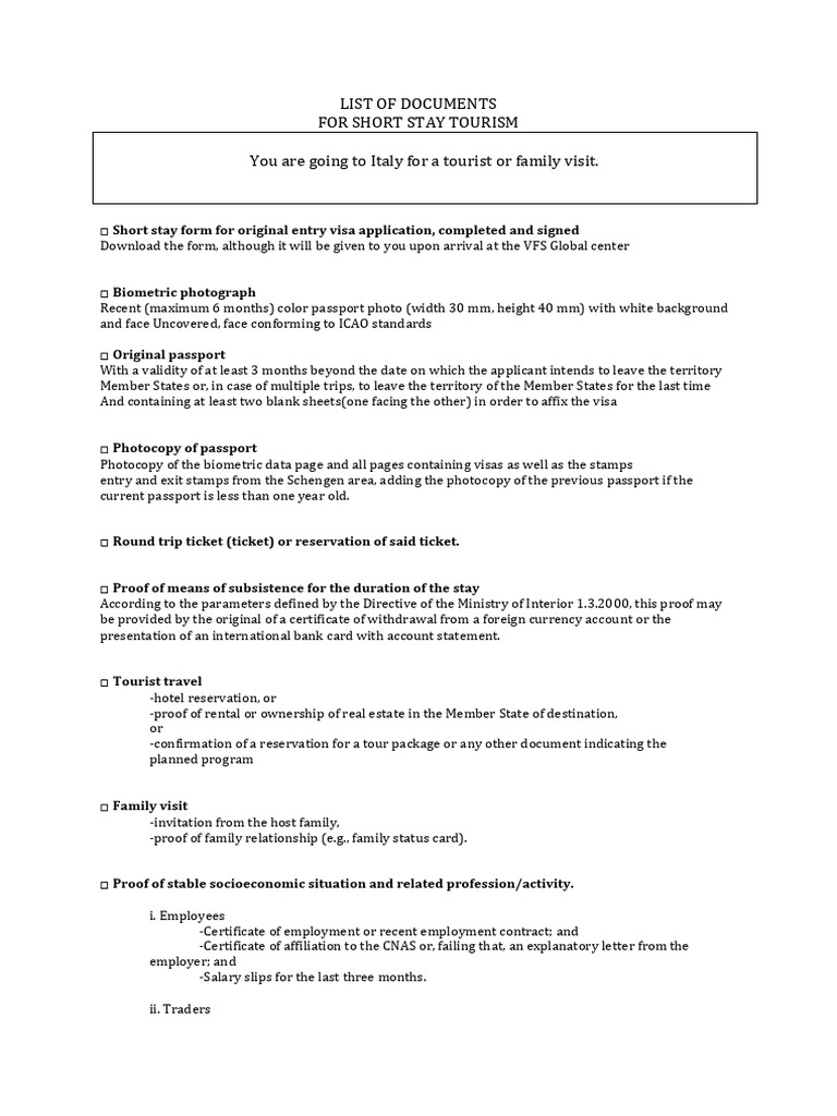 Italy Short Stay Visa Requirements | PDF | Passport | Travel Visa