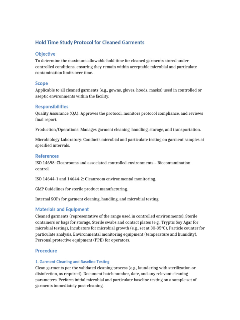 Hold Time Study for Sterile Garments | PDF