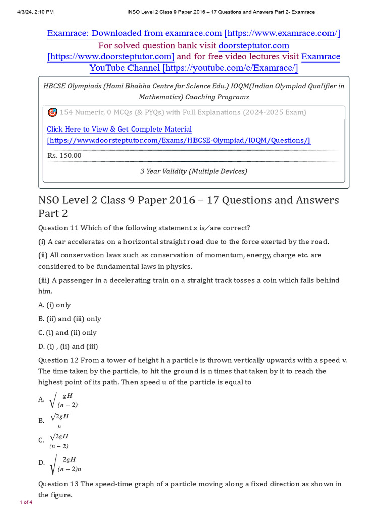 Class 9 NSO Level 2 Q&A 2016-17 | PDF | Pressure | Sodium