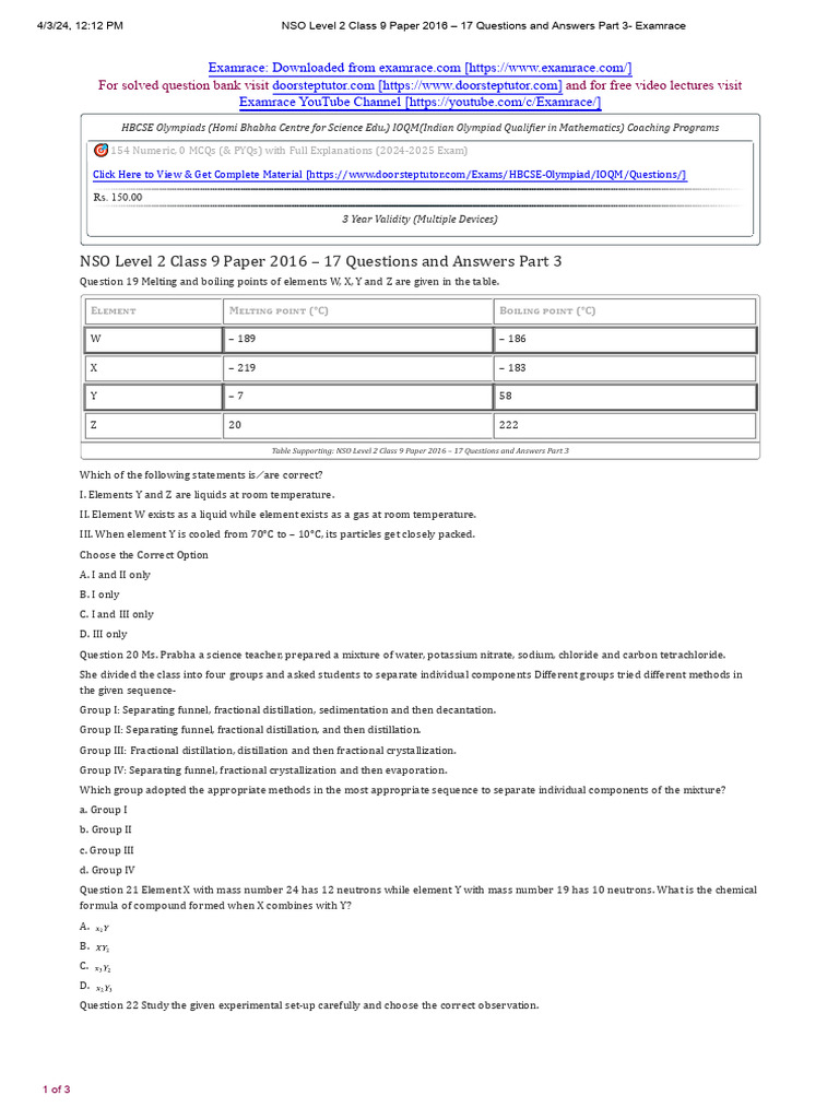 NSO-Level-2-Class-9-Paper-2016-17-Part-3 | PDF | Distillation | Sodium