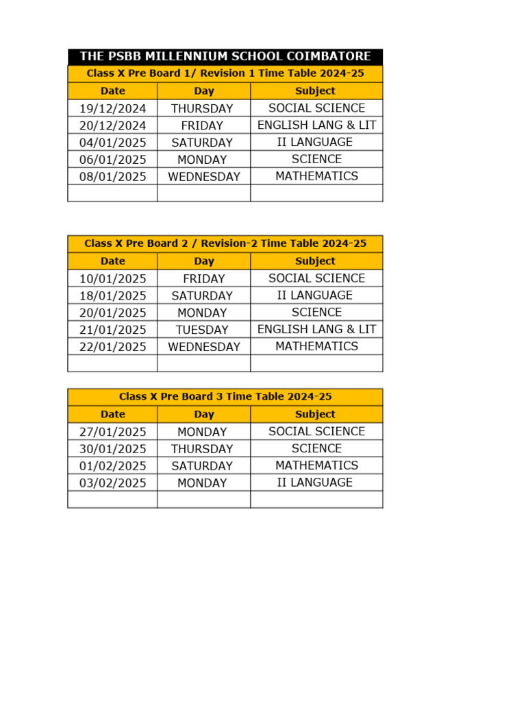 Class X Pre Board Exam Schedule 2024-25 | PDF
