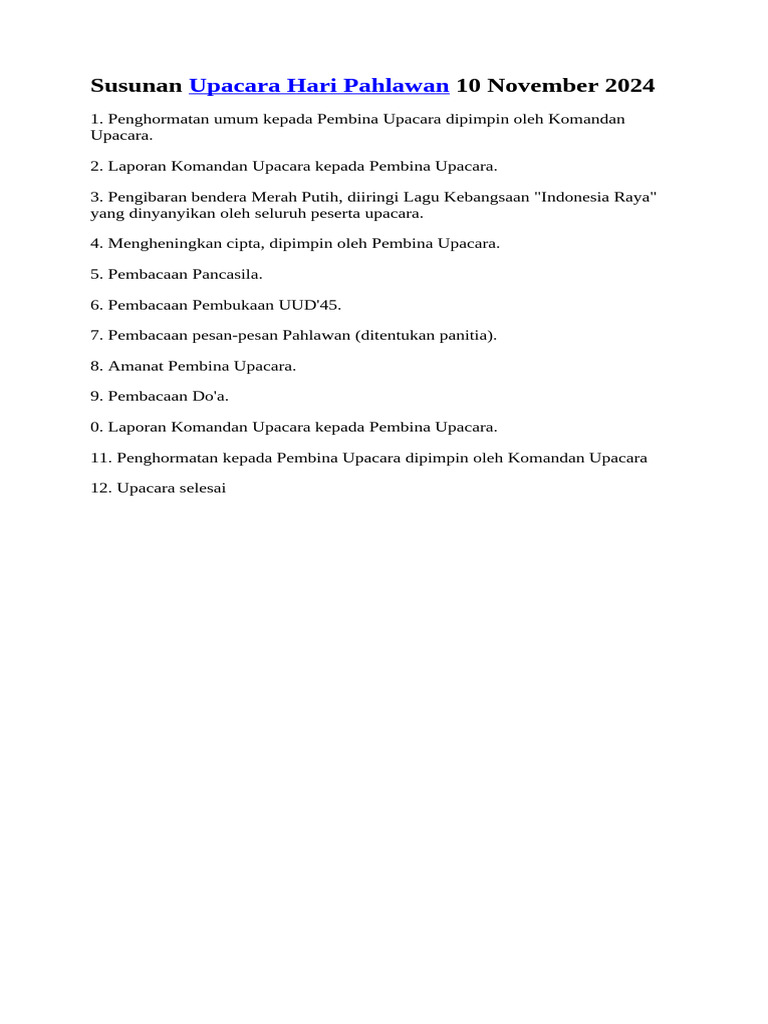 Susunan Upacara Hari Pahlawan 10 November 2024 | PDF