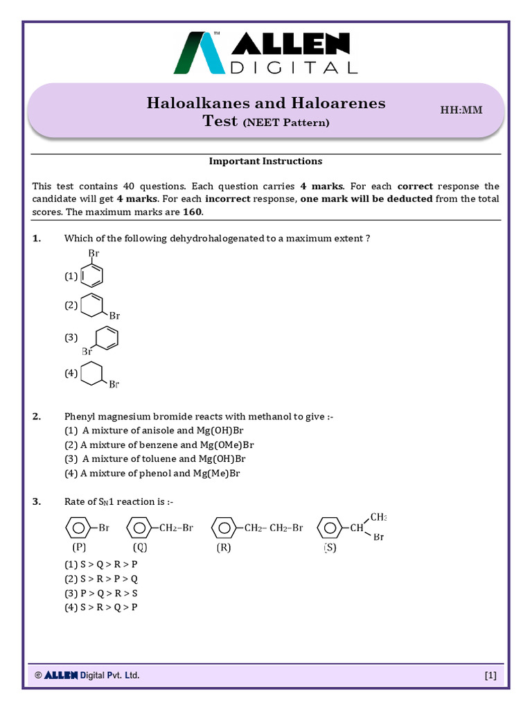 Haloalkanes and Haloarenes Exercise 1 and 2 | PDF | Chemical Reactions | Organic Chemistry