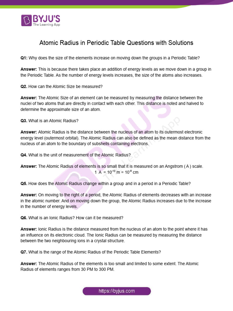 Atomic Radius in Periodic Table Questions With Solutions | PDF ...