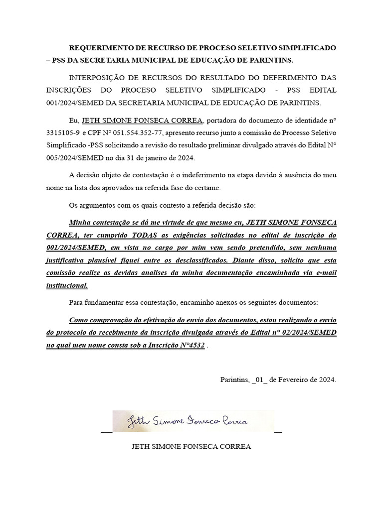 Requerimento de Recurso de Processo Seletivo Simplificado | PDF