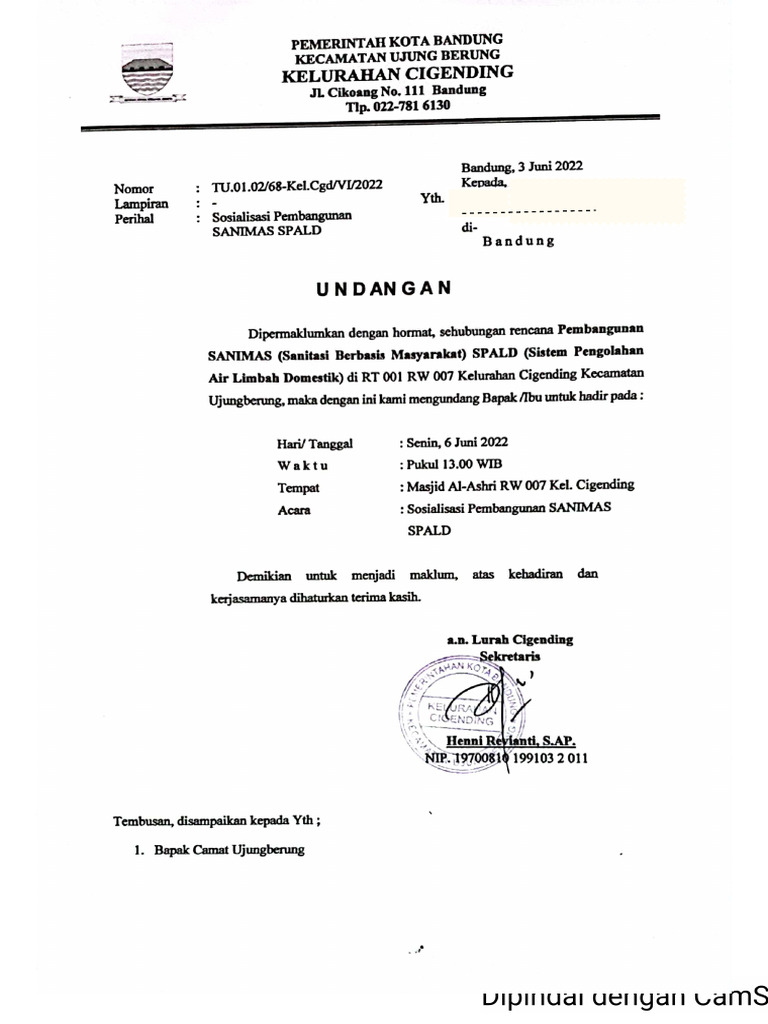 Undangan Sosialisasi Sanimas Spald-T Kelurahan Cigending | PDF