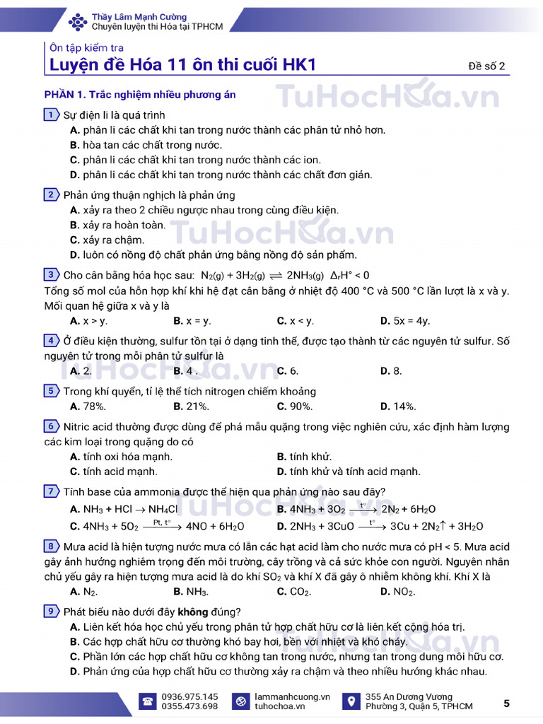 Ôn tập Hóa 11 cuối HK1 lần 2 | PDF