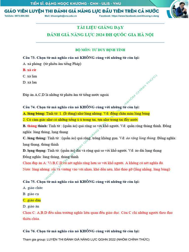 Câu 73 - 93 (Key) | PDF