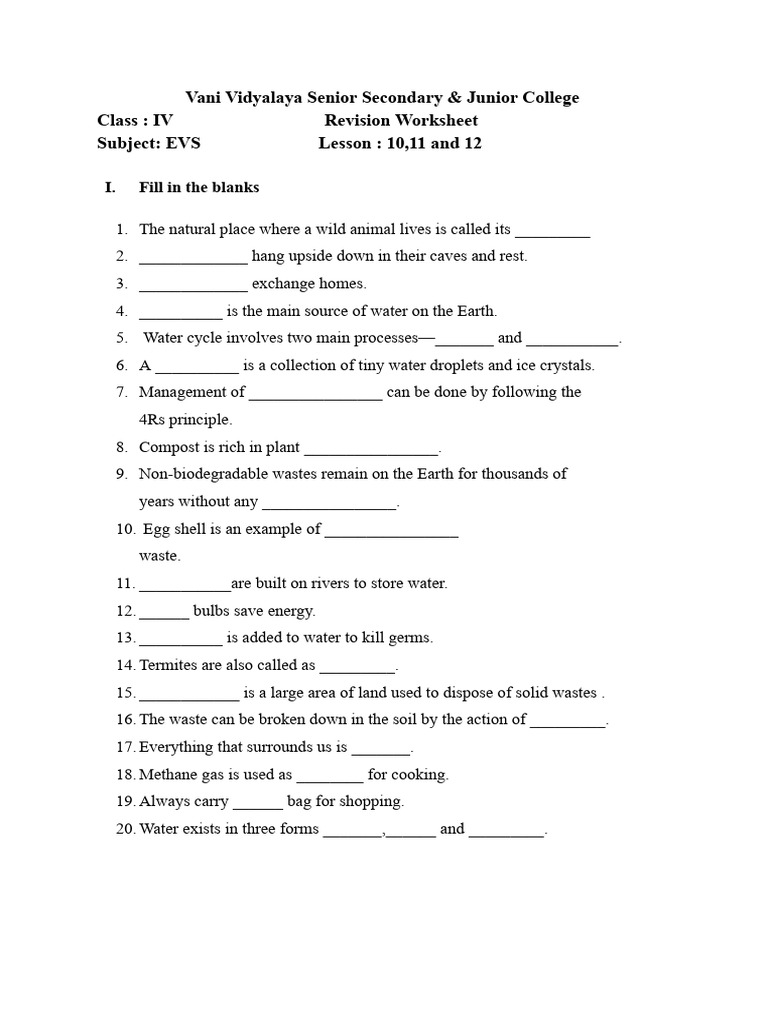 Class 4 Worksheet | PDF | Water | Biodegradation