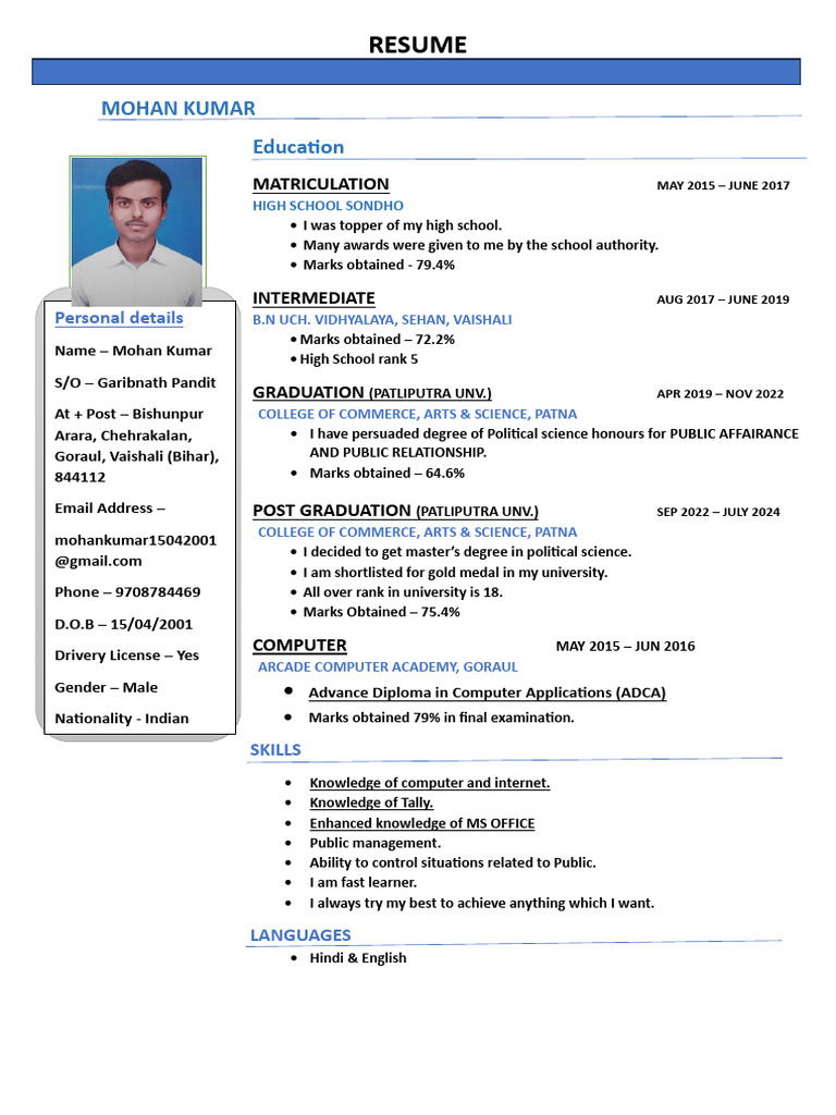 MOHAN KUMAR resume 2024 | PDF