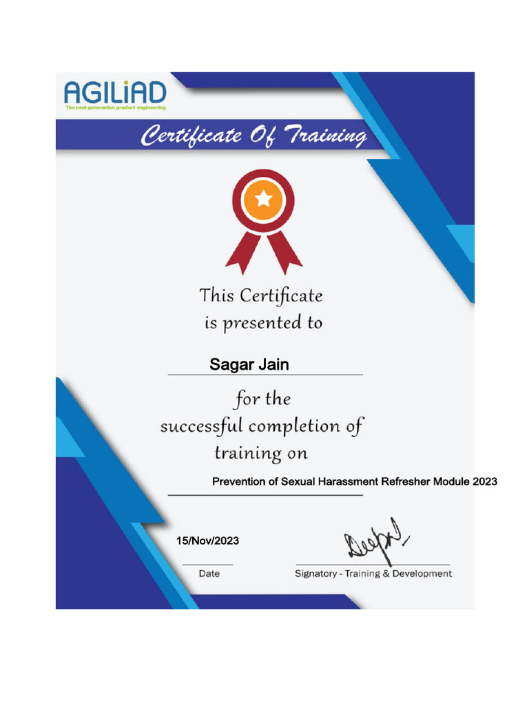 CertificateOfCompletion Prevention of Sexual Harrassment Refresher Module | PDF