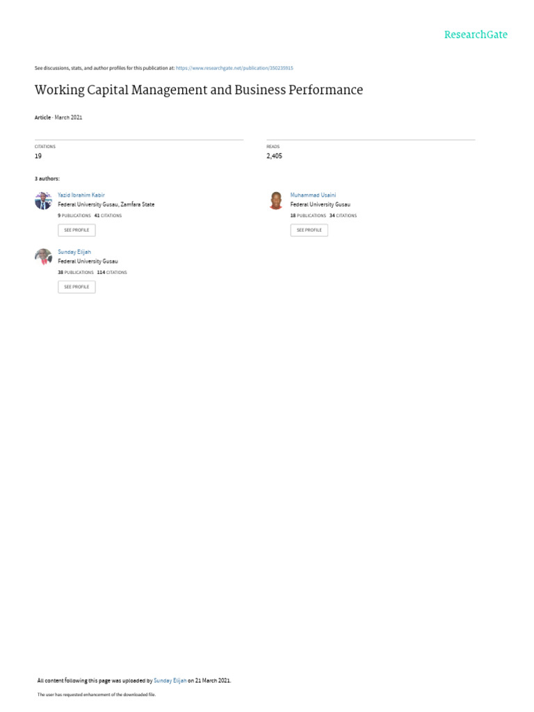 Working Capital Management and Business Performance | PDF | Working ...