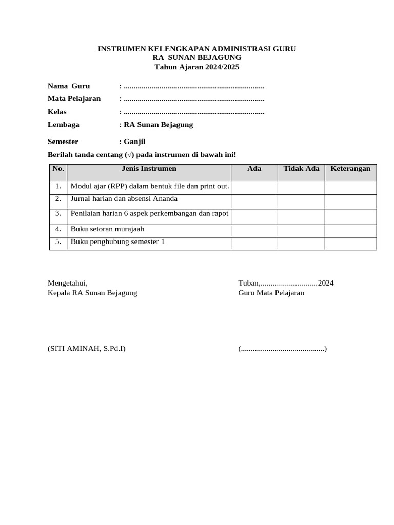 Ra SB Instrumen Kelengkapan Administrasi Guru | PDF
