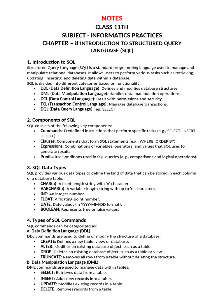 Class 11 Notes Informatics Practices Chap 8 2024 25 Pdf Sql Databases