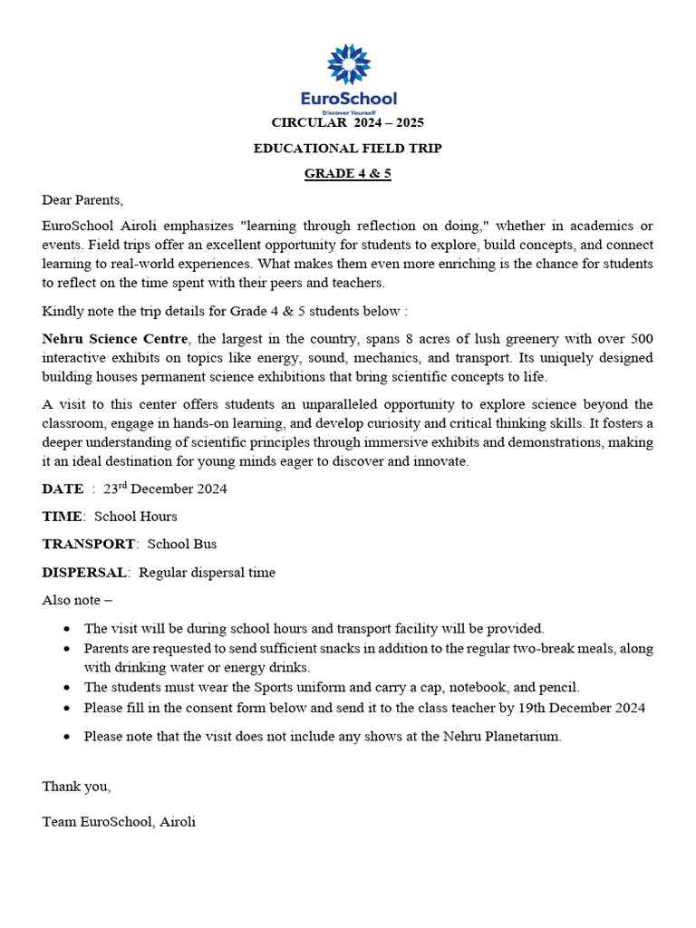 Grade 4,5 - Circular - Field Trips | PDF | Cognition