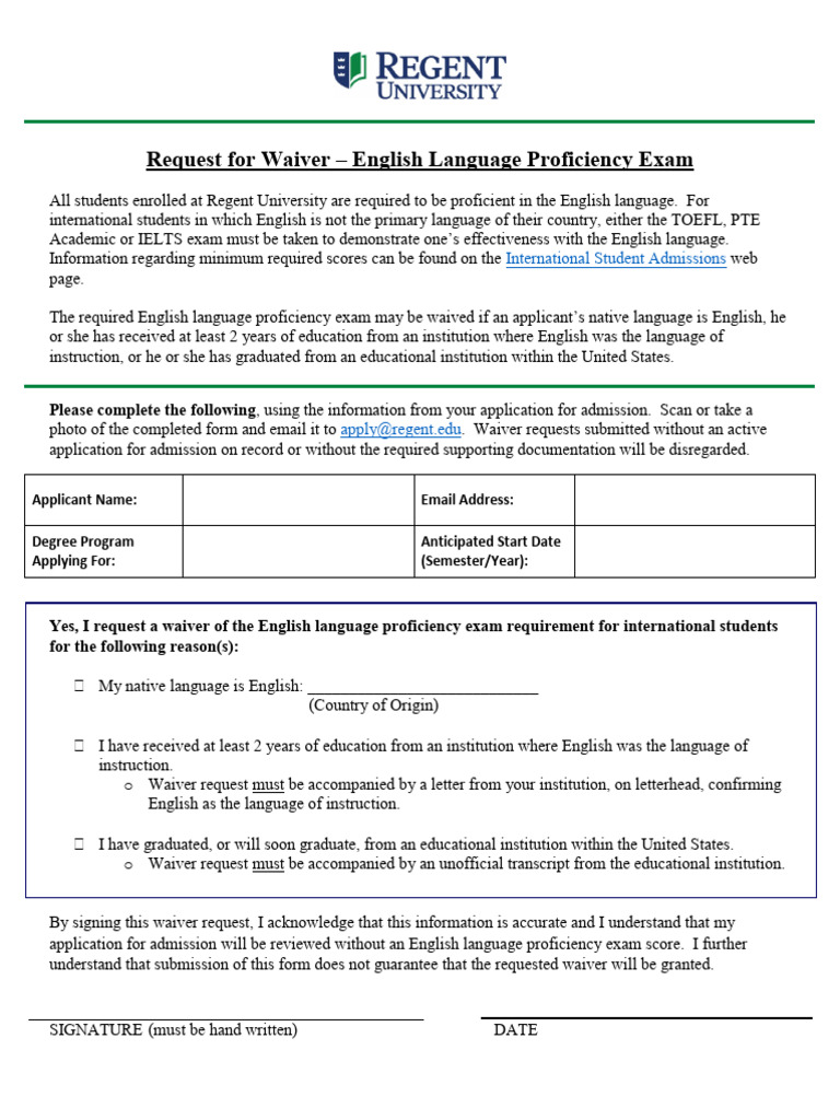 TOEFL Waiver Request Form | PDF | Test Of English As A Foreign Language