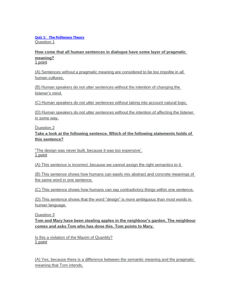 Quiz - The Politeness Theory | PDF | Aphasia | Question