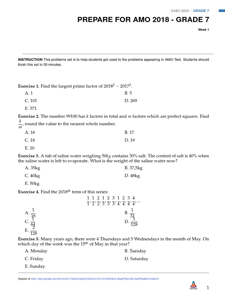 Prepare For AMO - Grade 7-Week 1 | PDF