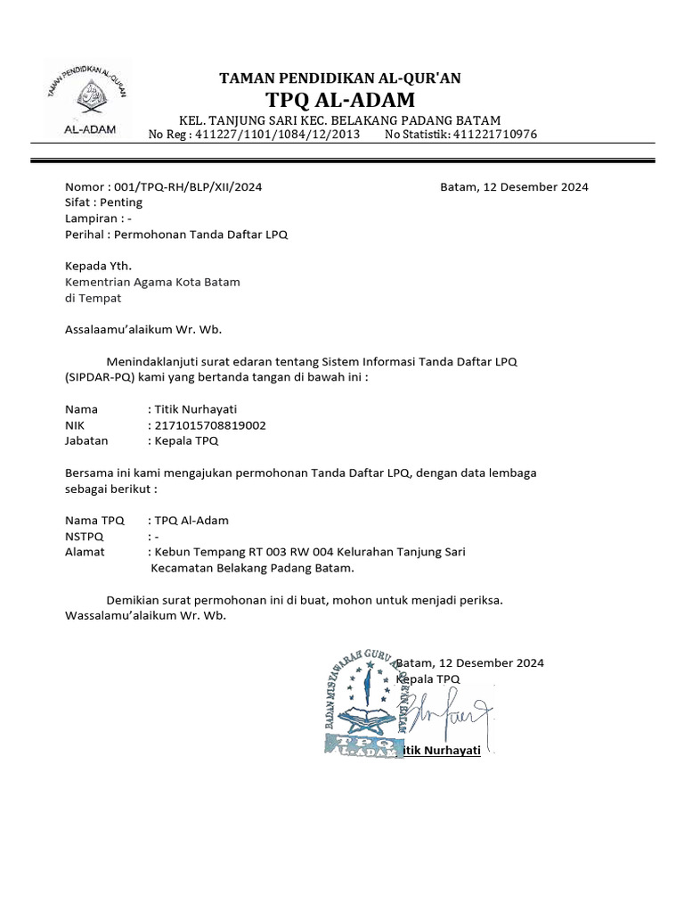 Permohonan Tanda Daftar LPQ | PDF
