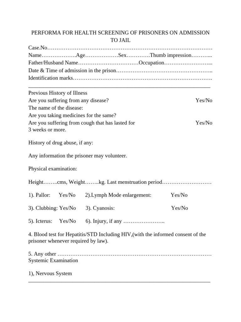 Performa For Health Screening of Prisoners On Admission To Jail | PDF