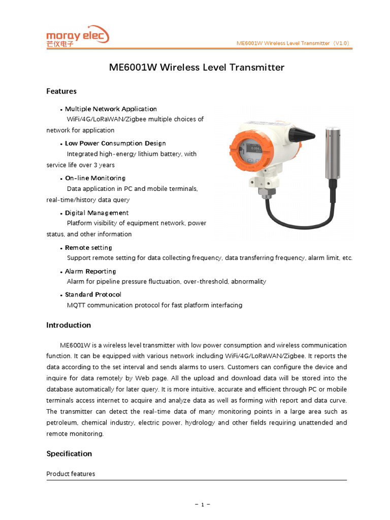 W3 - ME6001W Wireless Level Transmitter Datasheet-V1.01 | PDF | Wi Fi ...