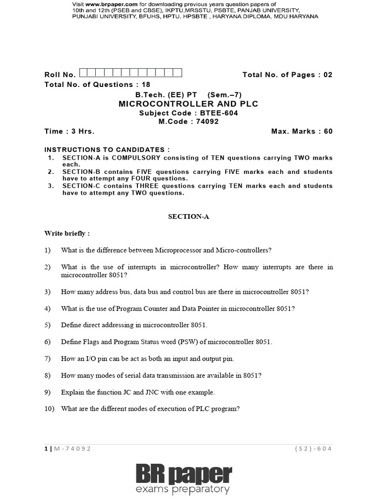 B.Tech EE Microcontroller & PLC Exam | PDF | Microcontroller | Digital Electronics