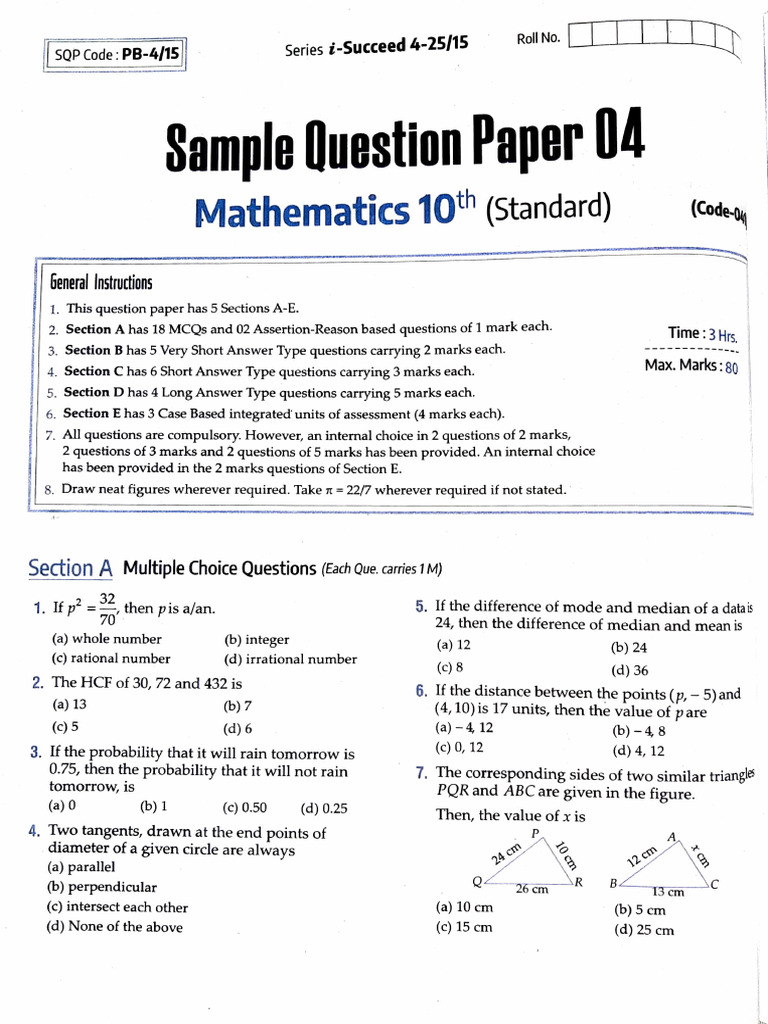 Mathematics Sample Paper 4 | PDF | Circle | Angle