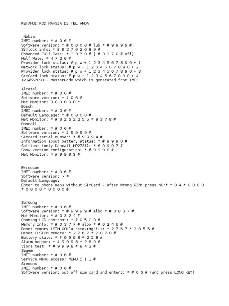 Ketahui Kod Rahsia Di Tel Anda | PDF