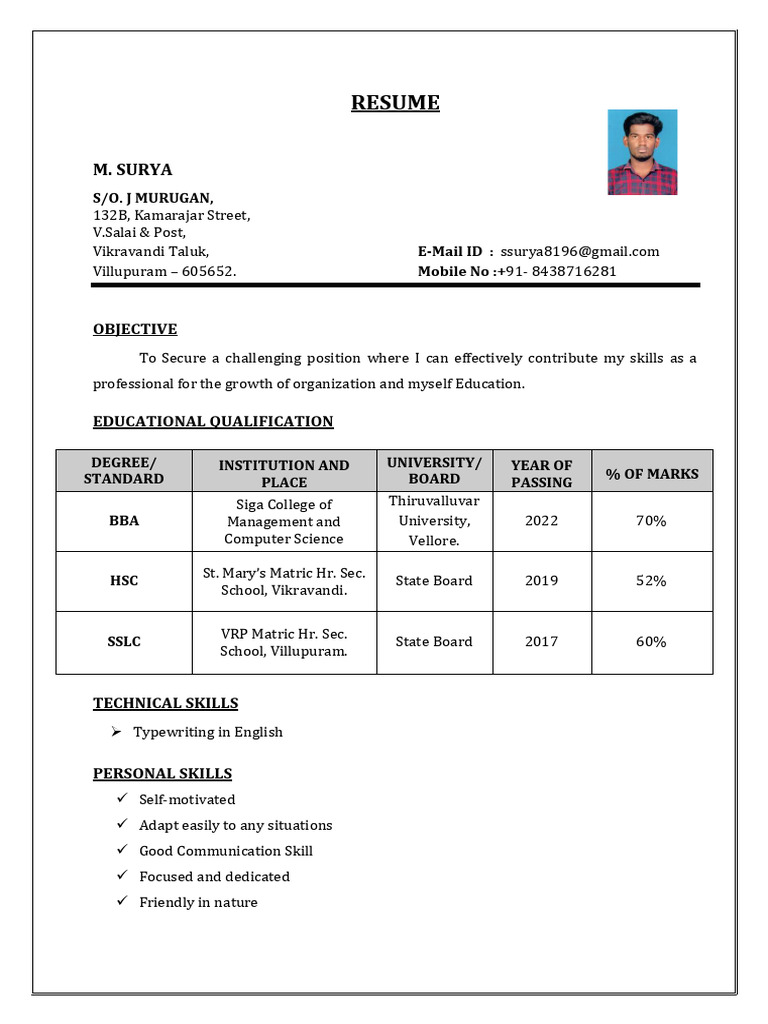 Resume for Surya Meena ( v.salai) | PDF