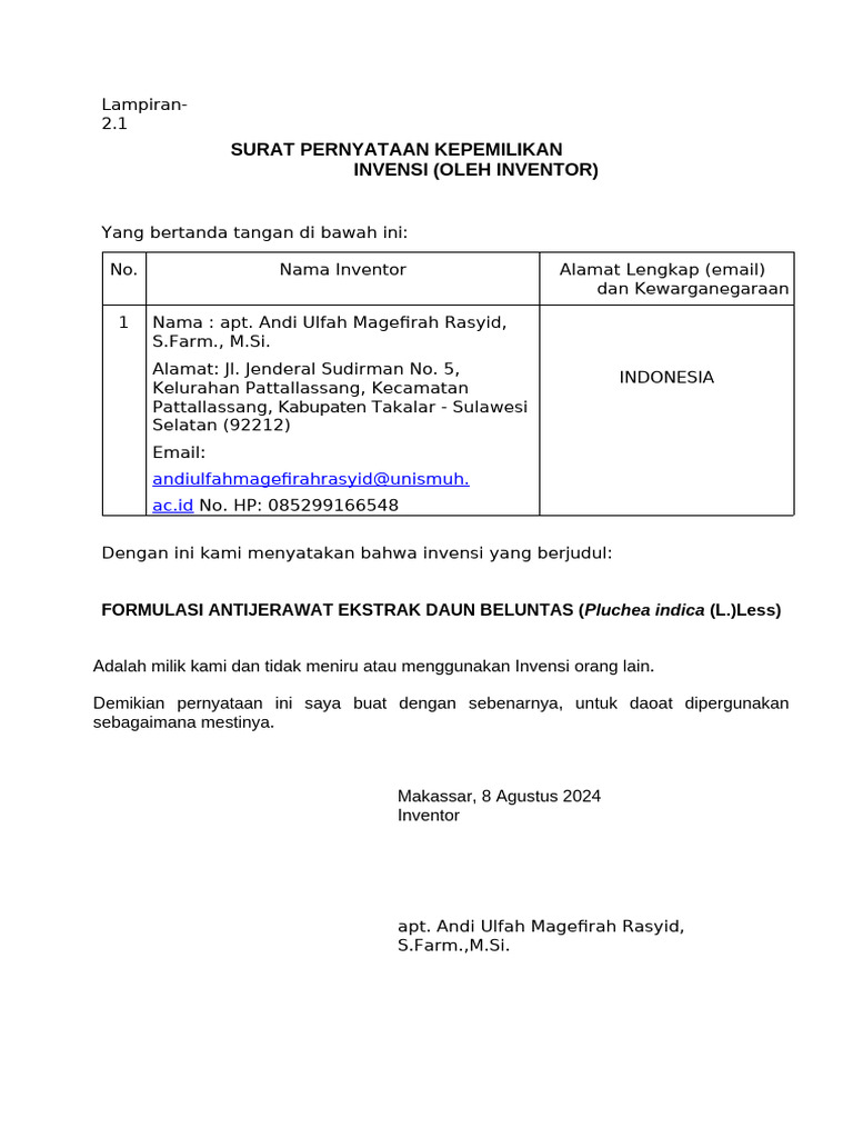 Surat Pernyataan Kepemilikan Invensi (Lampiran-2.1) - Sahabuddin | PDF