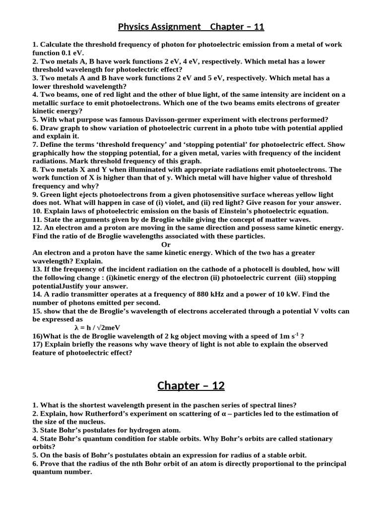 XII CH-11 - 12 & 13 Assignment | PDF | Photoelectric Effect | Atoms