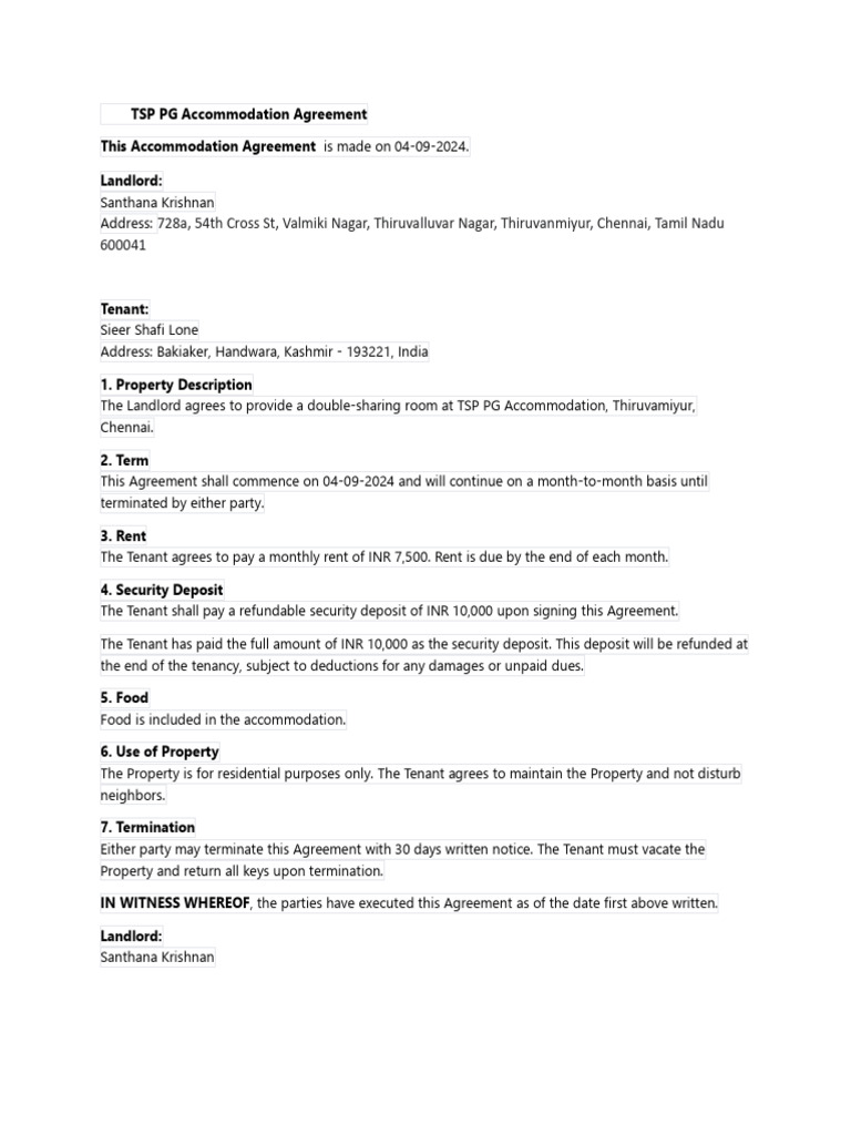TSP PG Accommodation Agreement 2024 | PDF