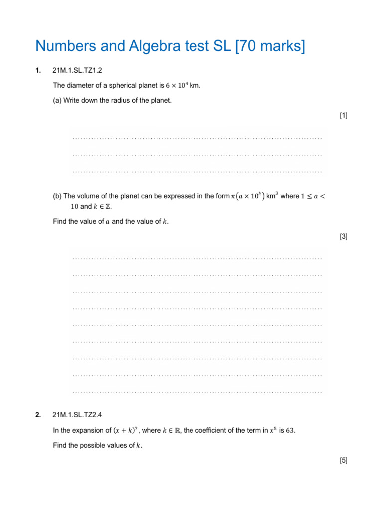 Numbers and Algebra test SL | PDF | Planetary Science