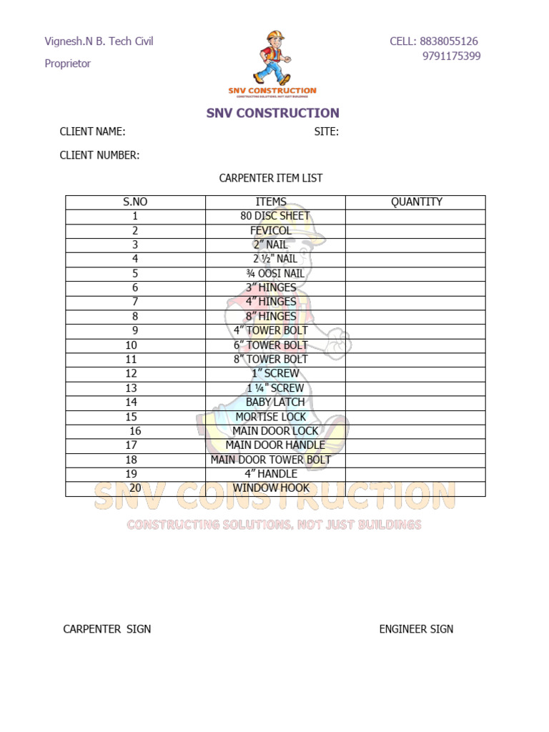 Carpenter's Item Checklist | PDF