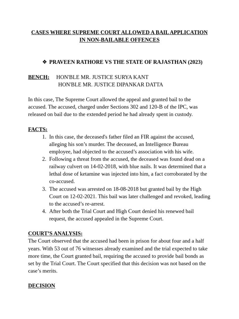 Cases Where Supreme Court Allowed A Bail Application in Non-Bailable ...