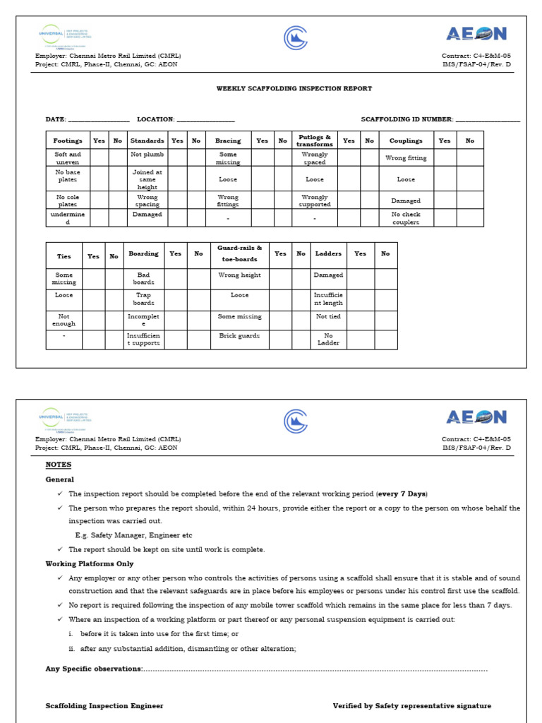 IMS FSAF-04 Weekly Scaffolding Inspection | PDF | Scaffolding ...
