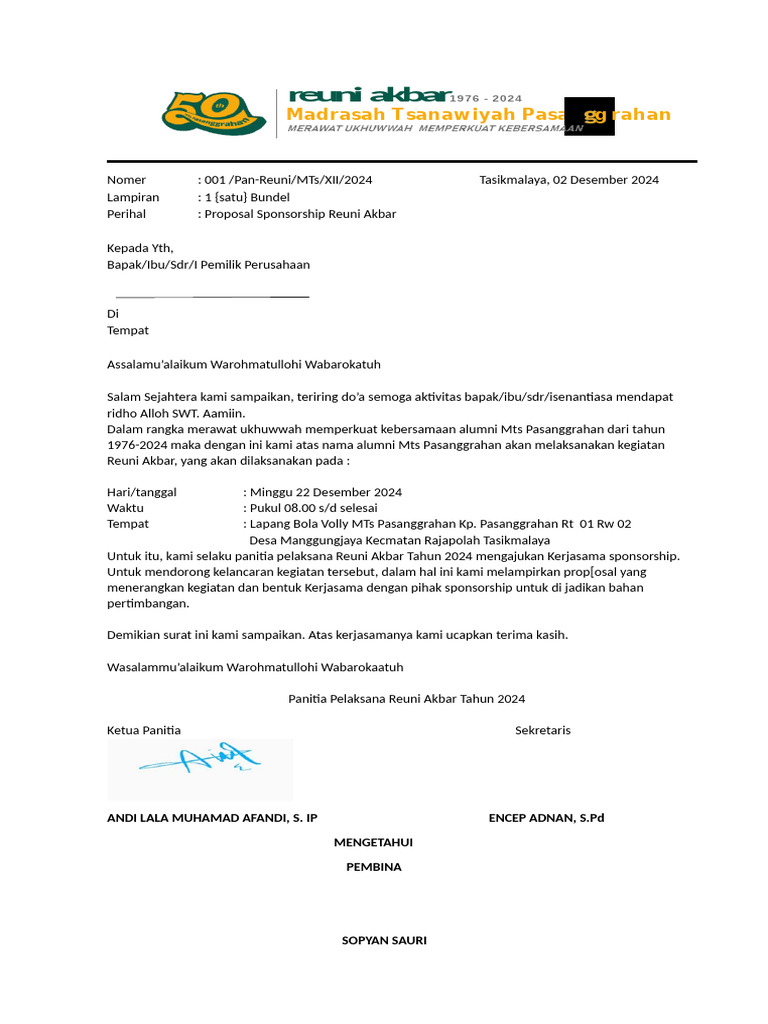 Proposal Sponsorship Reuni Akbar 2024 | PDF