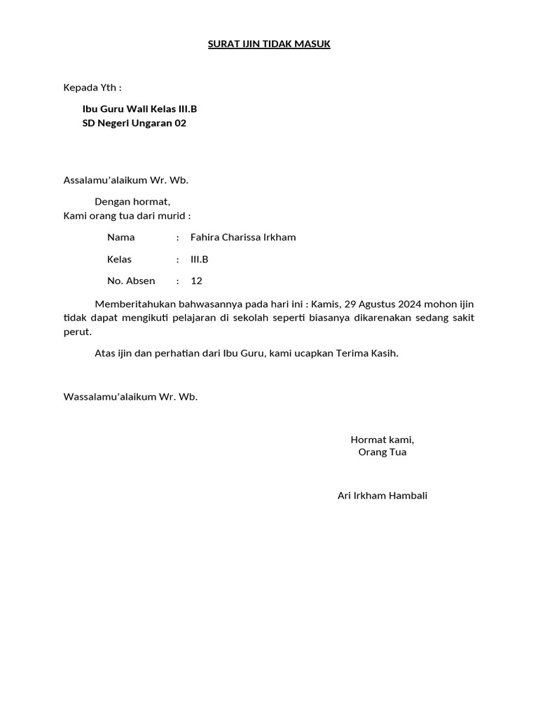 Surat Ijin Tidak Masuk Sekolah SD | PDF