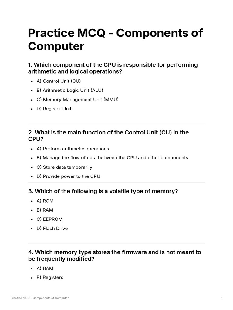 Practice_MCQ_-_Components_of_Computer | PDF | Computer Data Storage | Random Access Memory