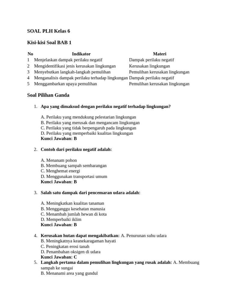 Soal Plh Kelas 6 | PDF
